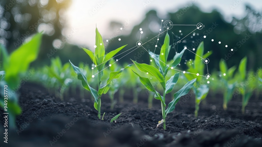 High-tech farming field with corn seedlings and IoT sensors ...