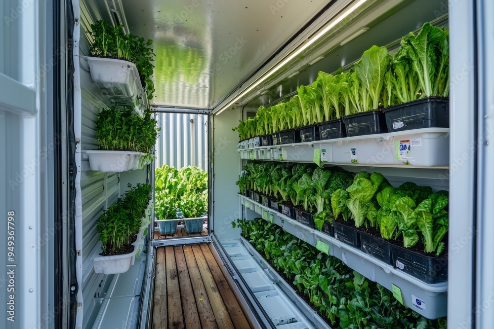Vertical farming system inside a shipping container with rows of leafy ...