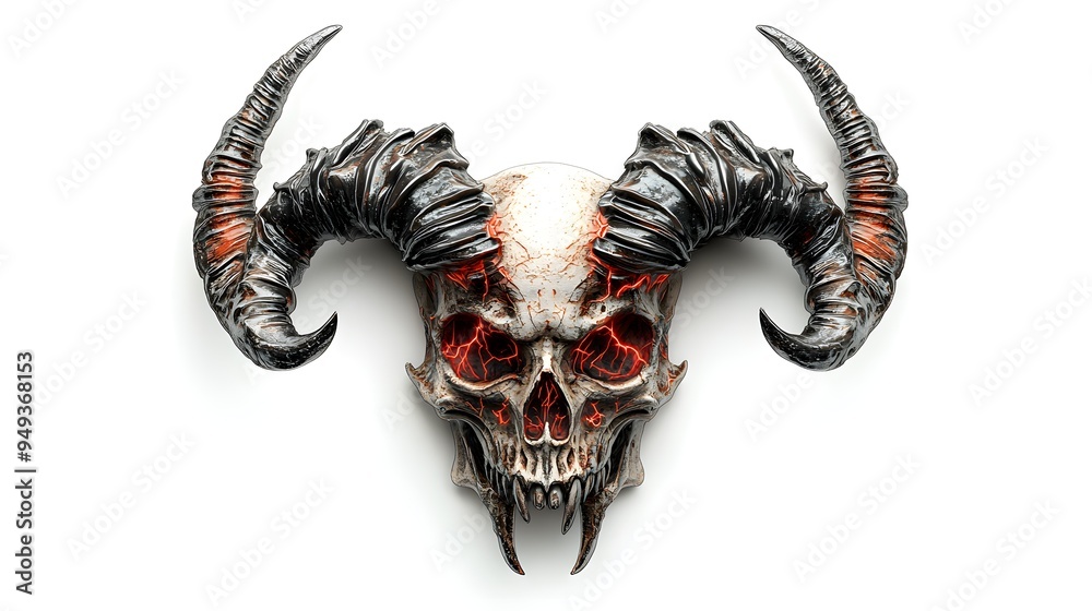 A demonic skull mask with twisted horns and fiery red veins, fantasy ...