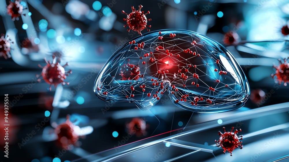 Detailed visualization of hepatitis, showing liver inflammation caused ...