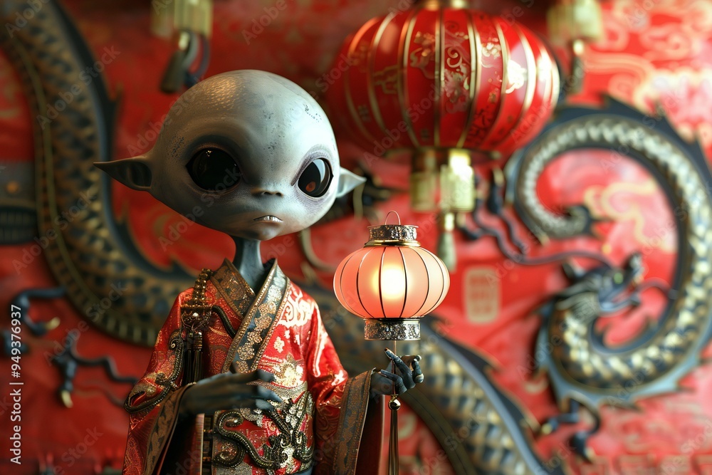 Cute stereo-typical grey alien wearing traditional Chinese dress ...