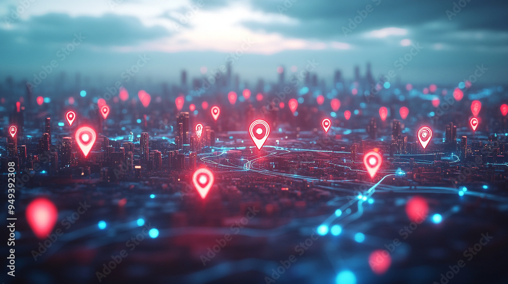 glowing red location gps icon markers advanced urban mapping interactive map for route planning ...