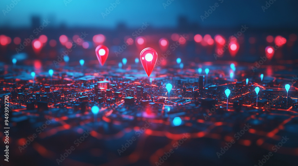 Ilustración de Stock glowing red location gps icon markers advanced urban mapping interactive ...