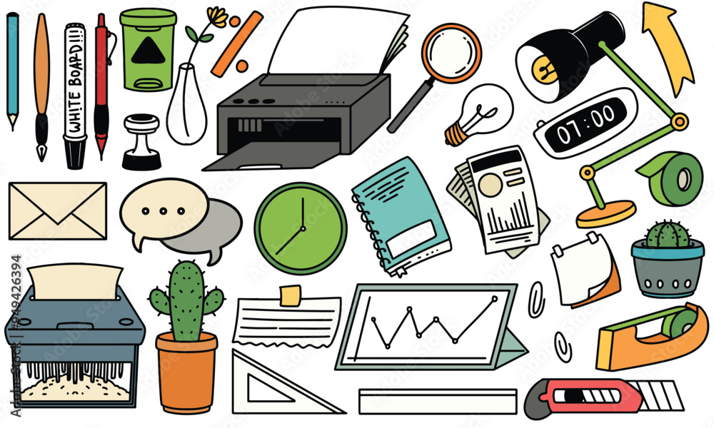 Colorful office stationary objects doodle vector illustration. Set of ...