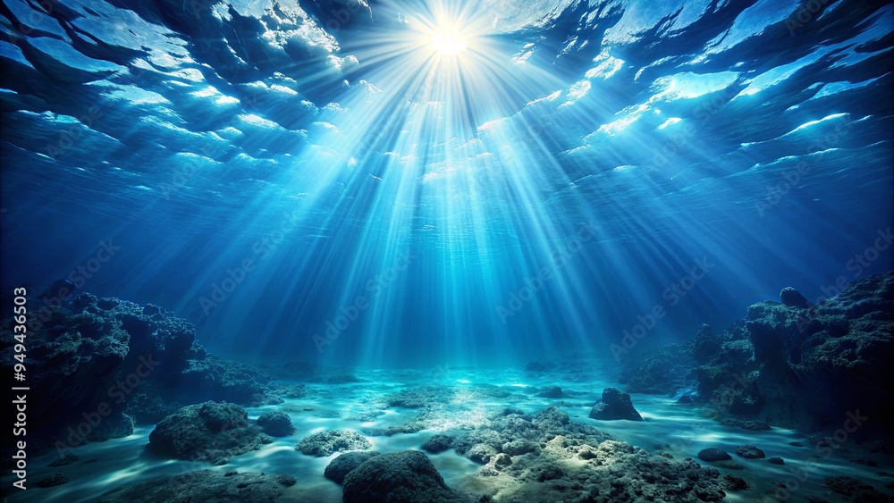 Underwater deep sea abyss with blue sunlight shining through, creating ...