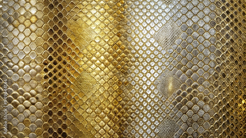 Close up of gold and silver snake skin wallpaper with circles and ...