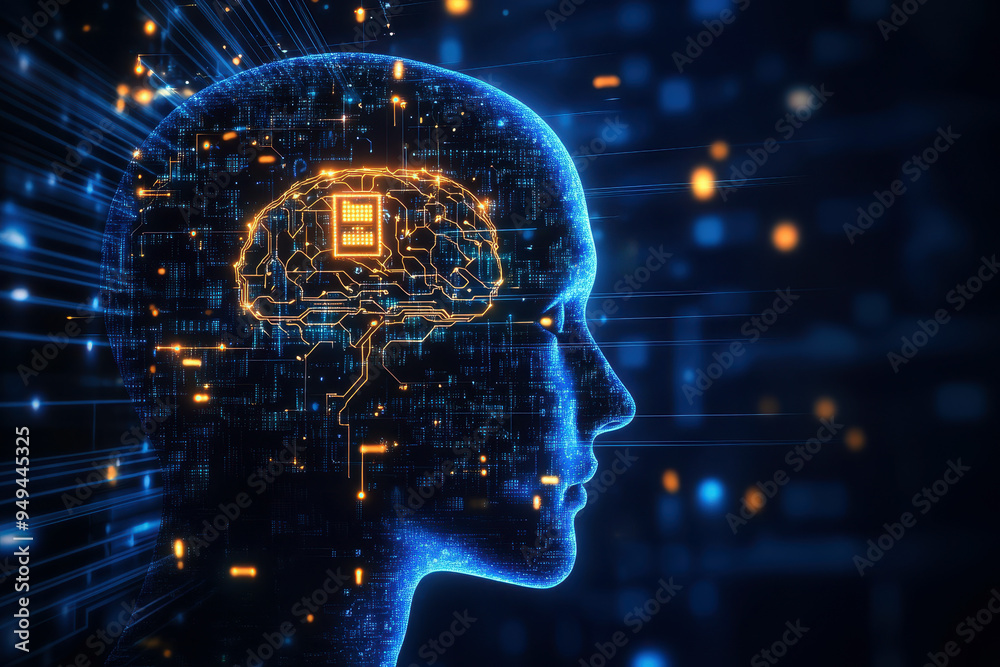 Human brain with implanted neural ink chip implanted, Neural connection ...