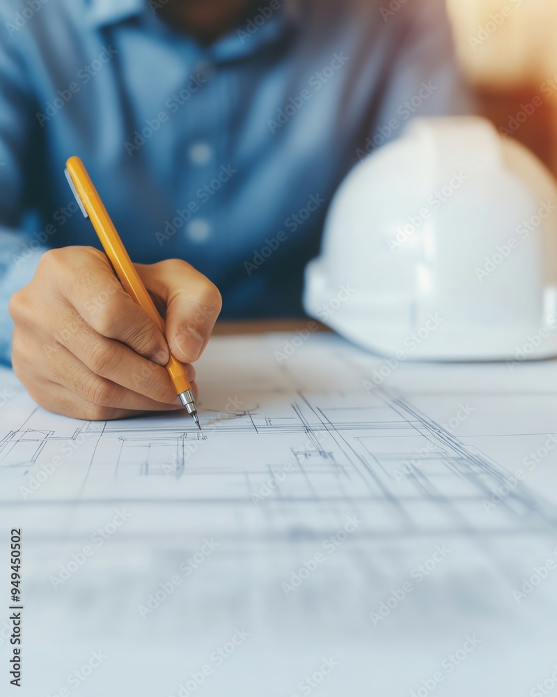 Closeup of an architects hand sketching detailed blueprints on a large drafting table Architect ...
