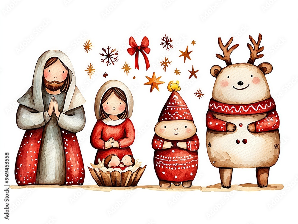 Watercolor Nativity Scene With Mary Joseph And Baby Jesus In Soft