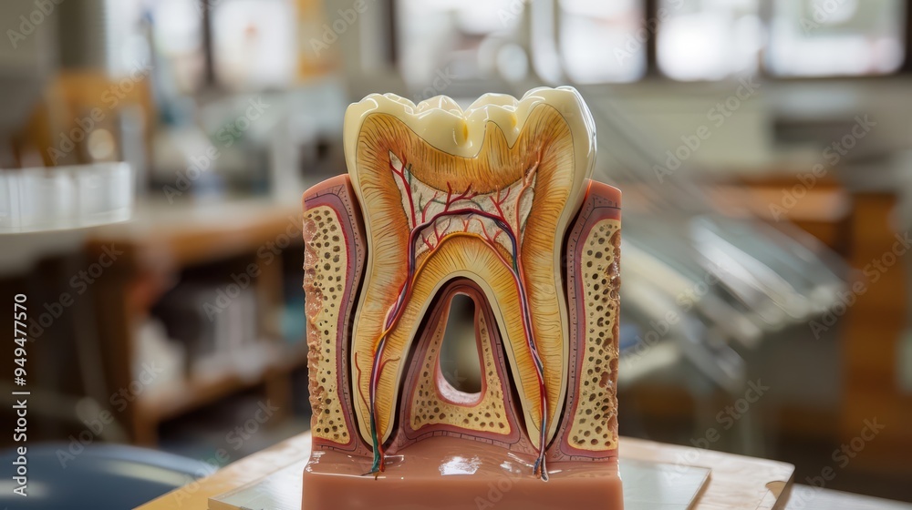 A detailed cross section of tooth anatomy is displayed in a dental ...