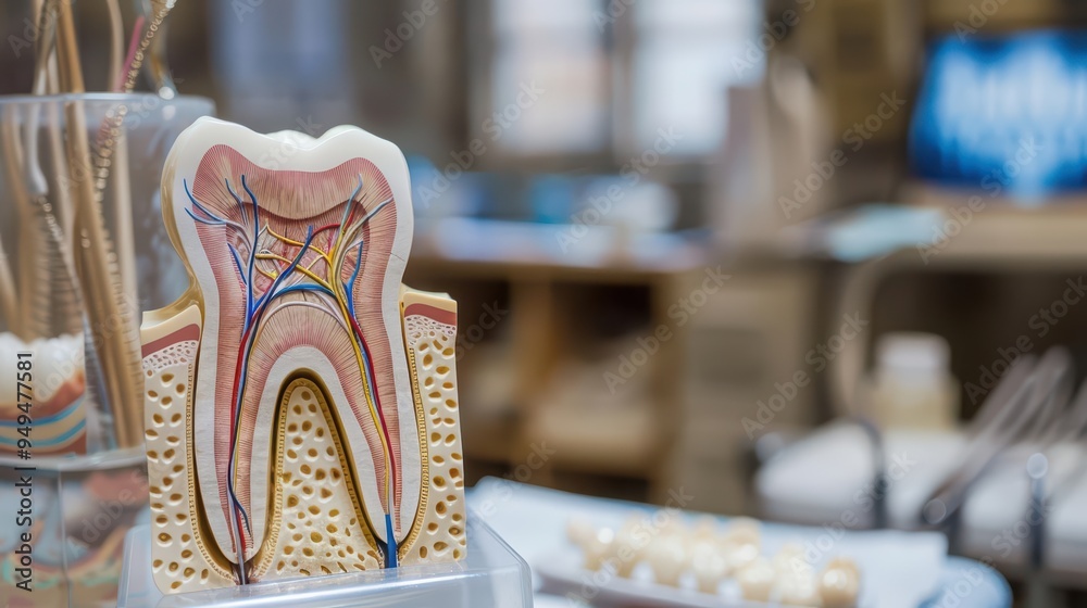 A detailed cross section of tooth anatomy is displayed in a dental ...