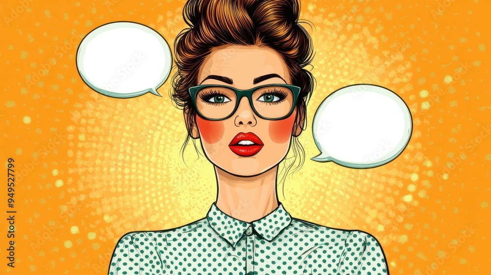 Vintage pinup girl with glasses and rosy cheeks in a fun dotted top ...