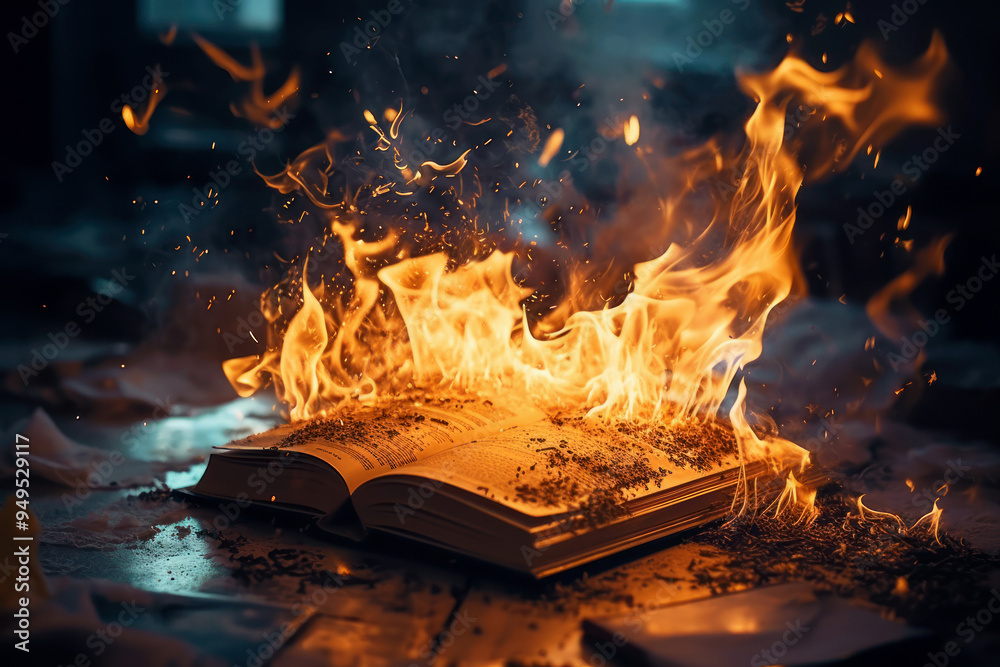 Dynamic scene of a burning book and flying ashes Stock Photo | Adobe Stock