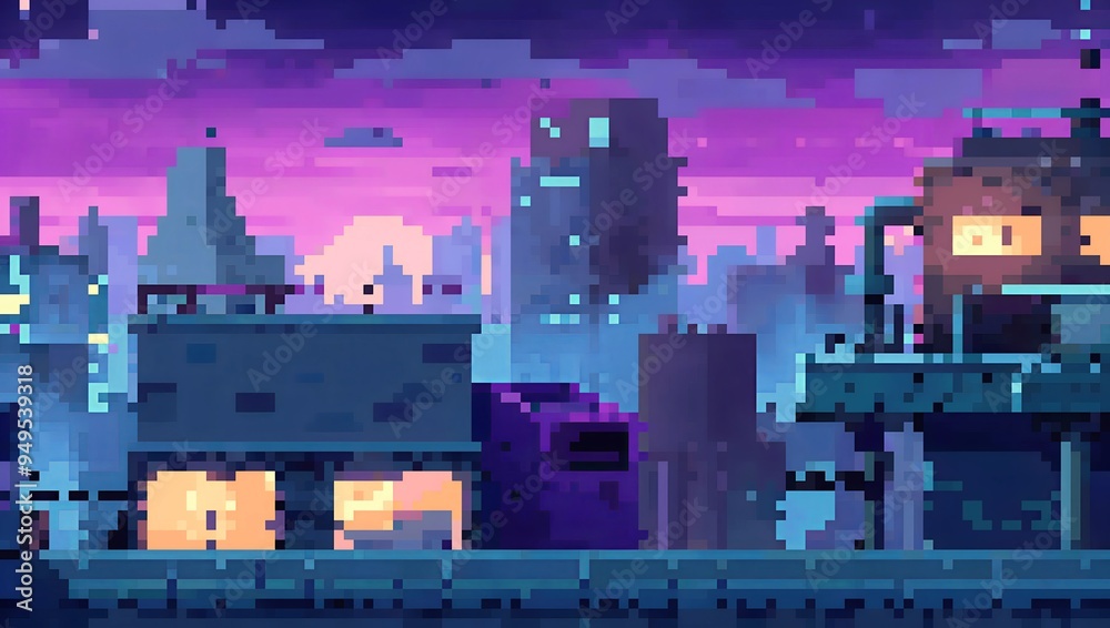 Cyberpunk rooftop pixel art background. 8-bit game assets Stock ...