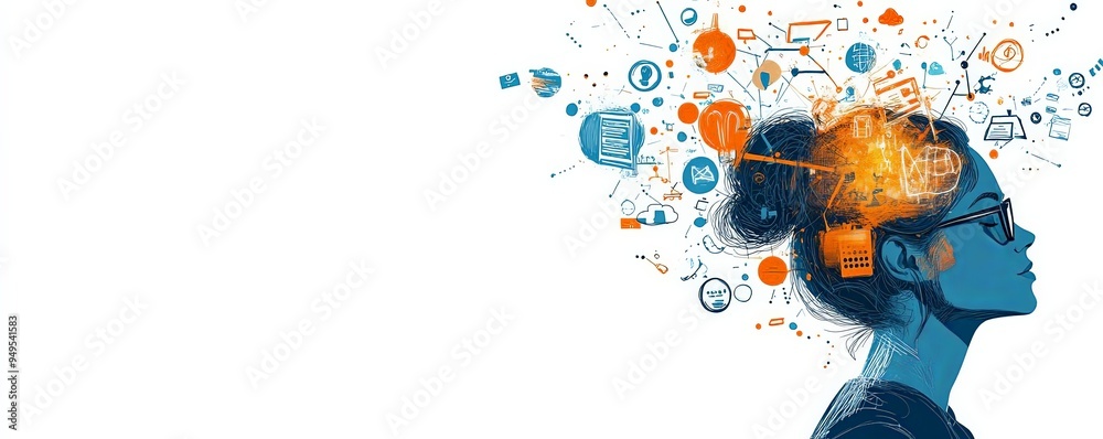 Mind map expanding from a students head, connecting various subjects ...