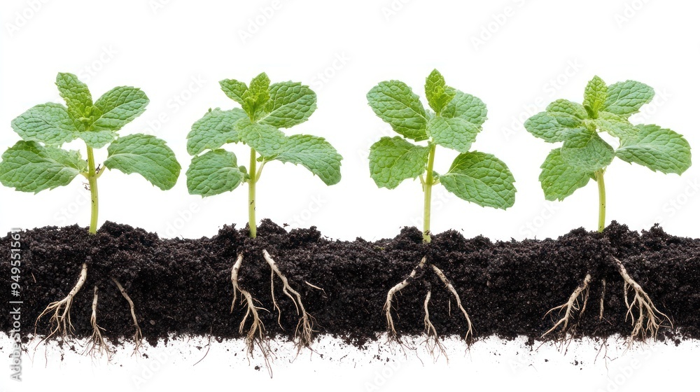 Four stages of plant growth above and below soil, showing progression ...