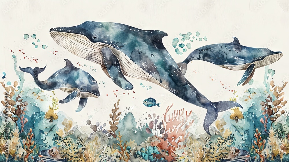 watercolor illustration featuring whales, marine life, and underwater ...