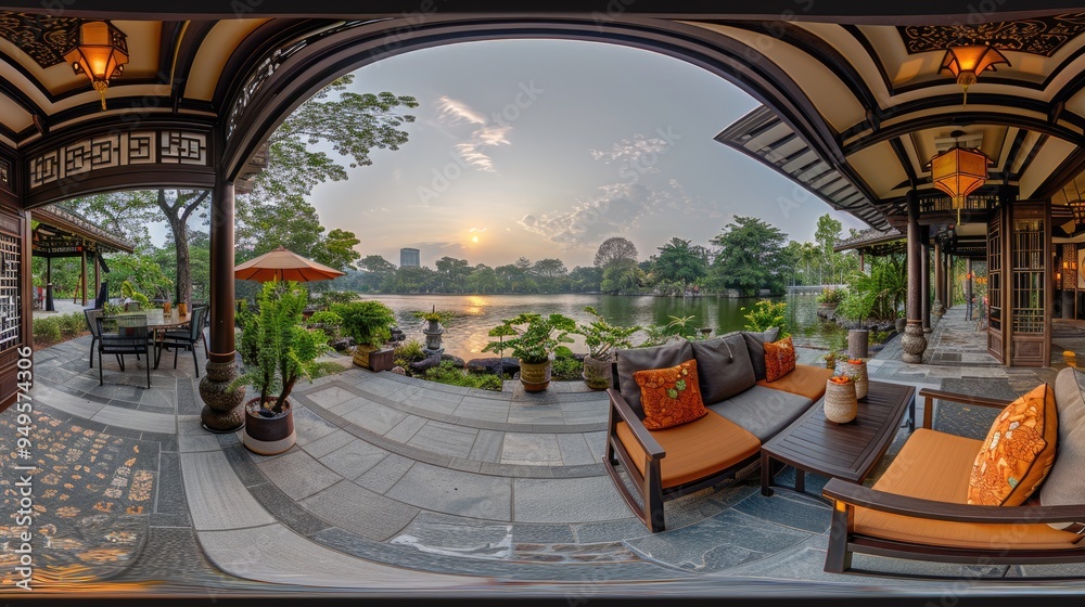Full seamless 360 degree HDRI spherical panorama in park with lake and ...