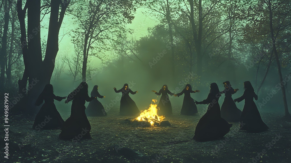 A group of witches dancing around a fire in the woods Stock ...
