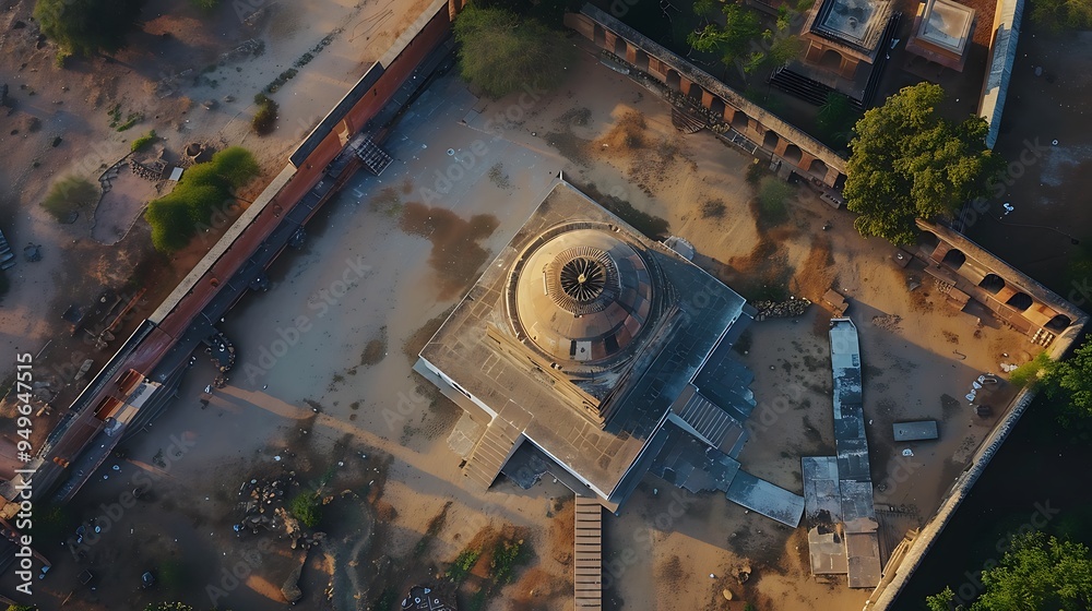 Aerial view of ancient Indian celestial observatory complex during ...