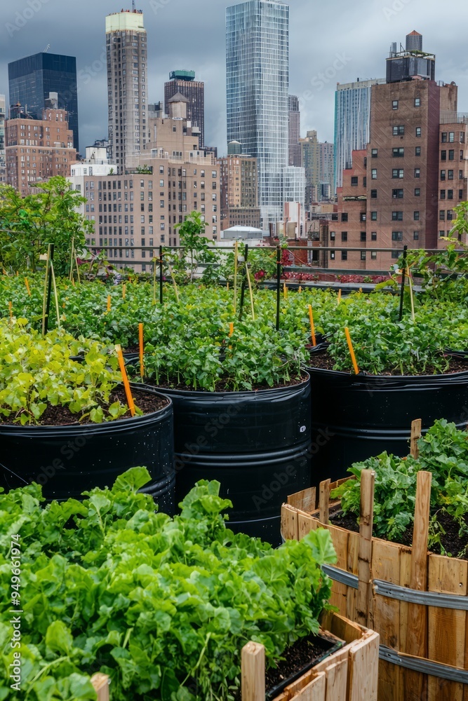 Rooftop farm with rain barrels and lush green crops. Urban environment ...