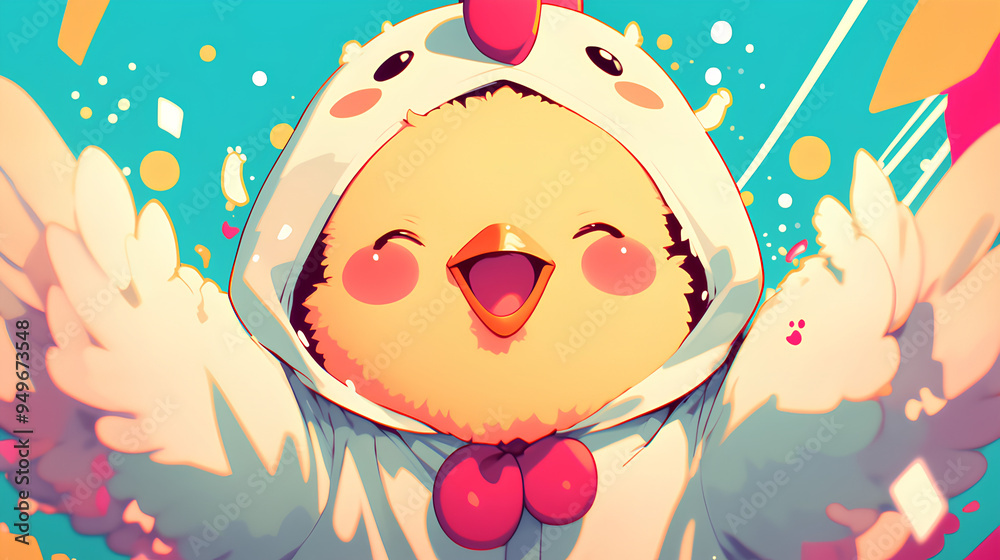cute chicken character wearing anime onesie costume, anime style, cute ...