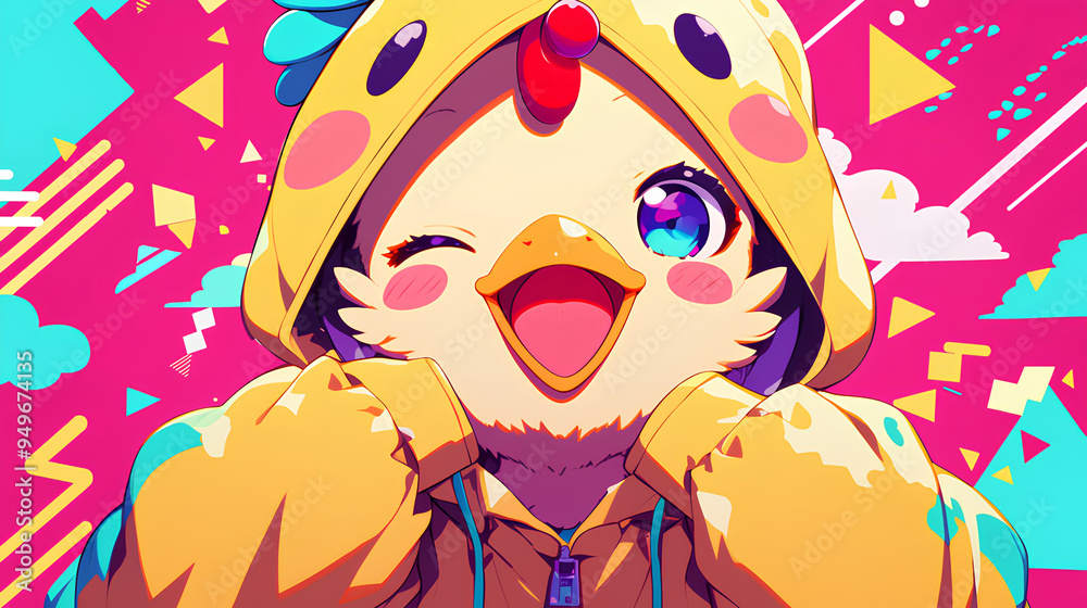 cute chicken character wearing anime onesie costume, anime style, cute ...