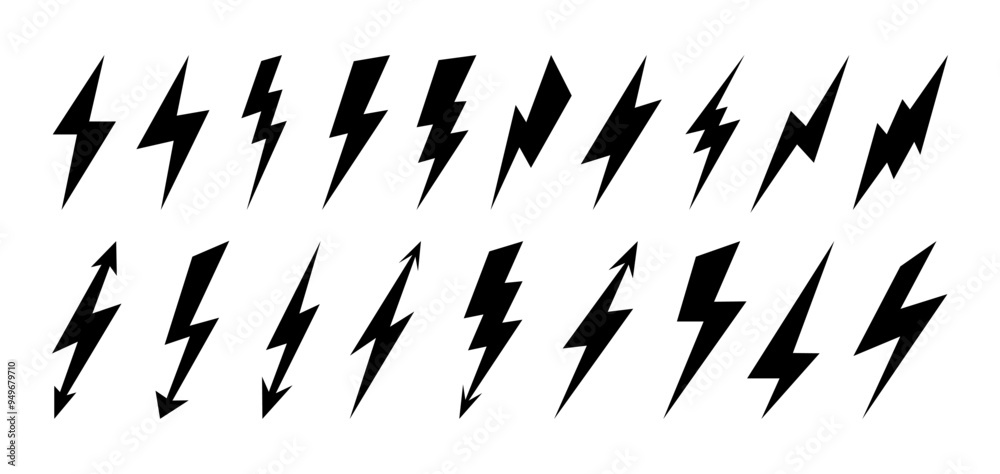 Set of comic icon lightning bolt elements in pop art style. Flash sign ...