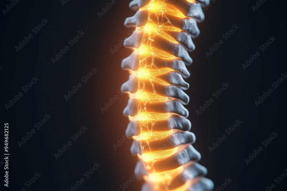 Illuminated spine structure, showcasing vertebrae with vibrant neural ...