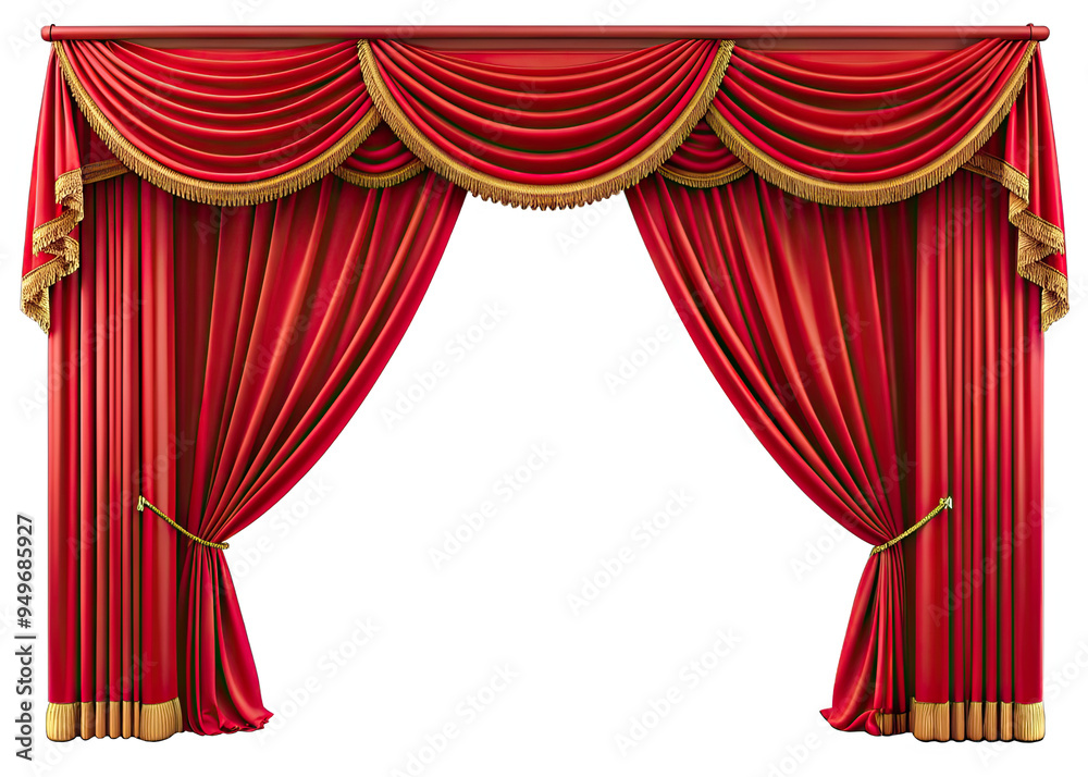 A pair of red velvet stage curtains with gold trim are drawn back to ...