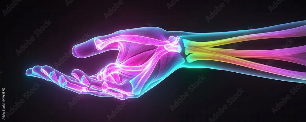 Anatomy of a hand with muscles and tendons highlighted in vibrant neon ...
