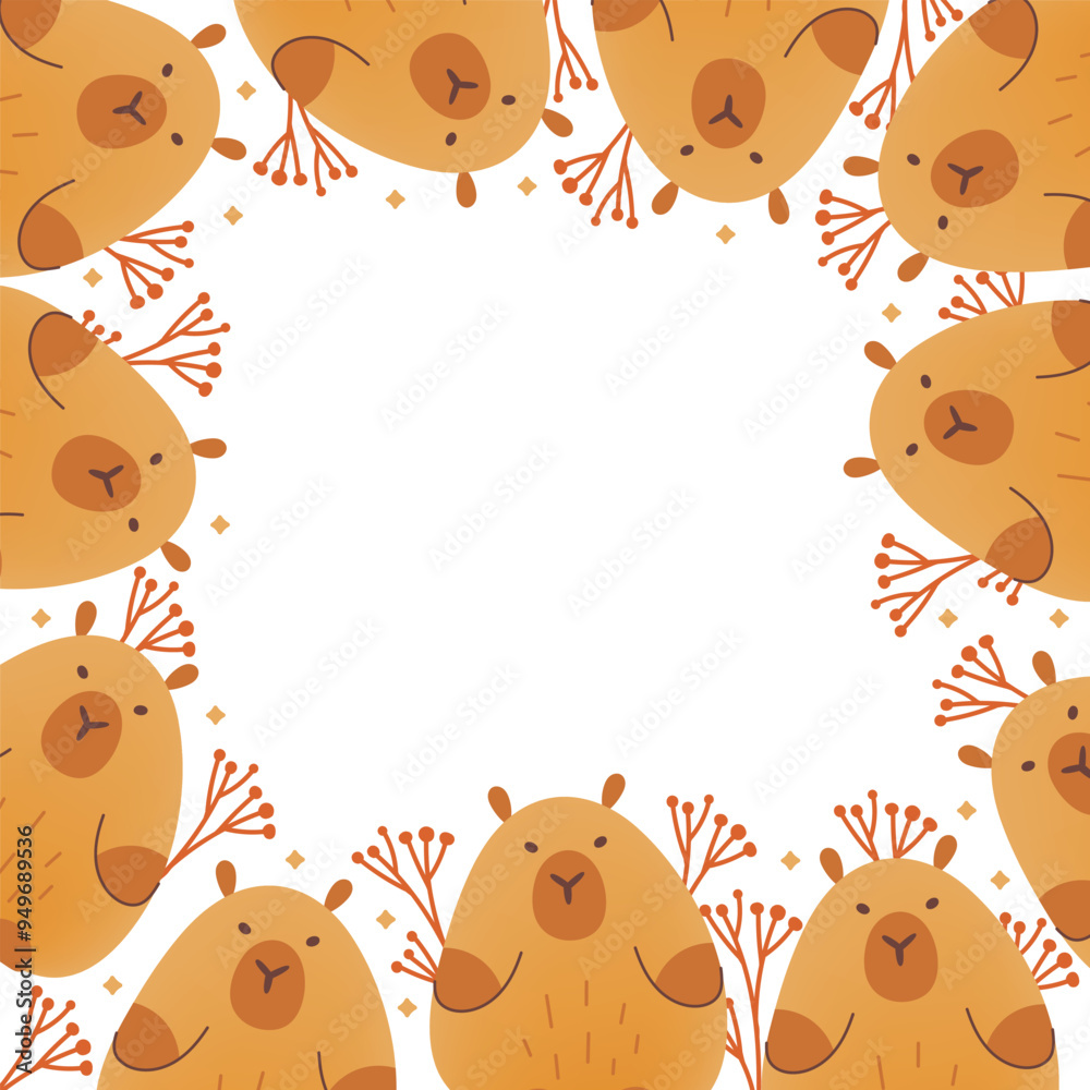 WebFrame, border, card with hand draw capybara with flowers and copy ...