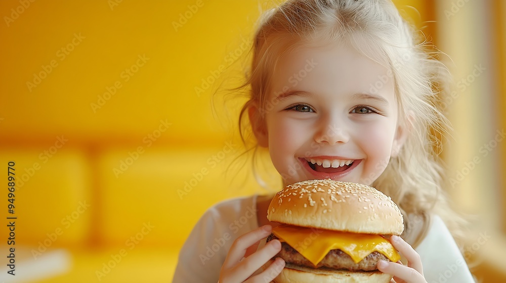 Cute little caucasian girl with blonde hair enjoying burger on a yellow ...