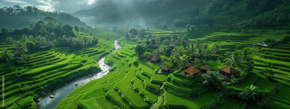 Rice Paddies A terraced landscape of emerald green rice paddies ...