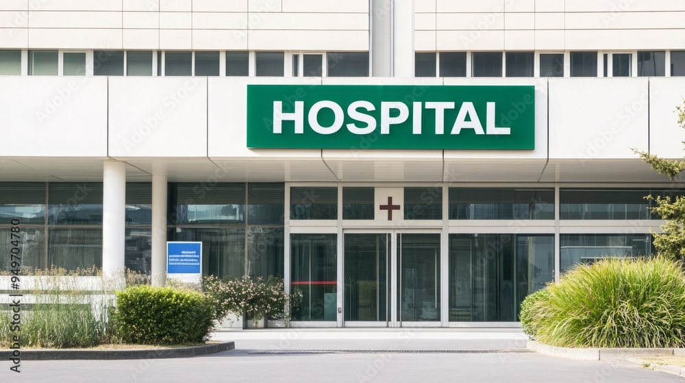 Hospital Façade with Plus Sign, Welcoming Access Point, Prominent ...