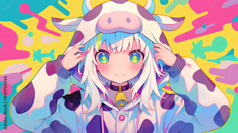 cute cow character wearing anime onesie costume, anime style, cute ...
