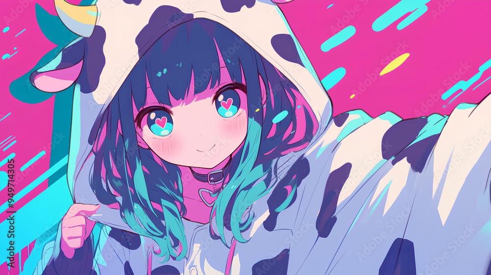 cute cow character wearing anime onesie costume, anime style, cute ...
