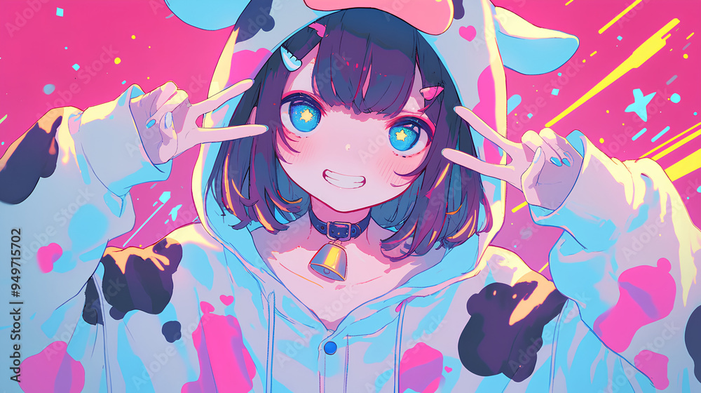 cute cow character wearing anime onesie costume, anime style, cute ...