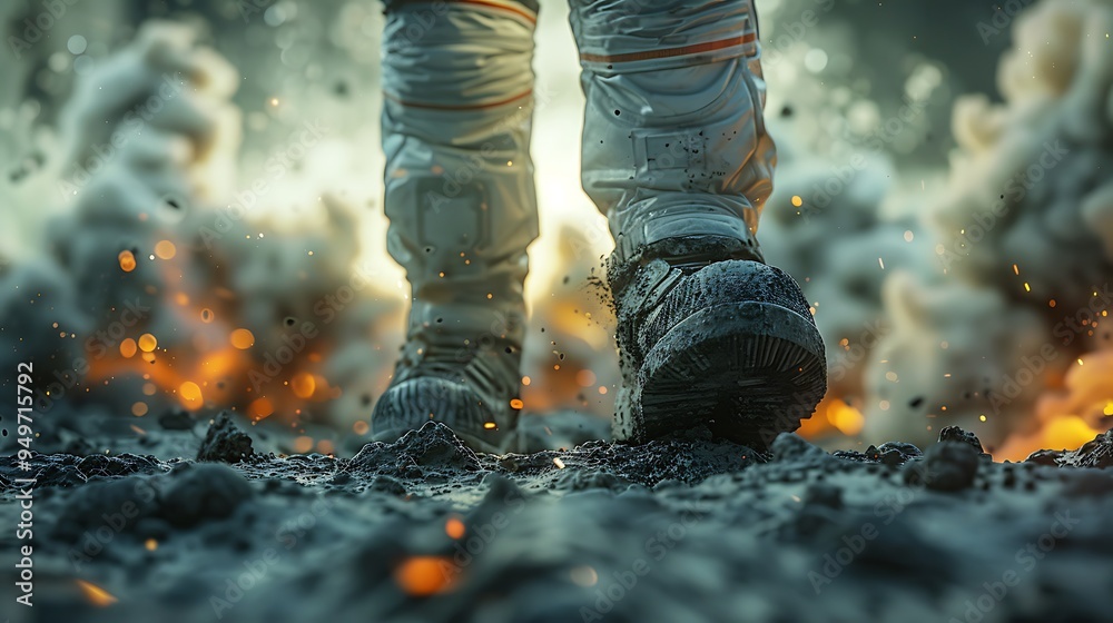 A dynamic photograph of an astronaut stepping onto the lunar surface ...