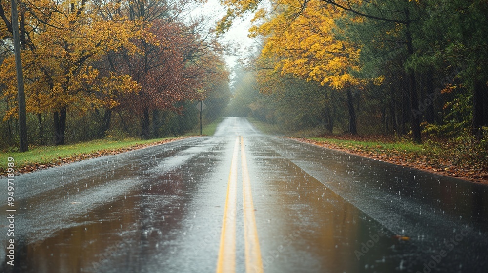 Rainy Day Scene Featuring a Wet Road and Trees, Capturing the Mood of ...