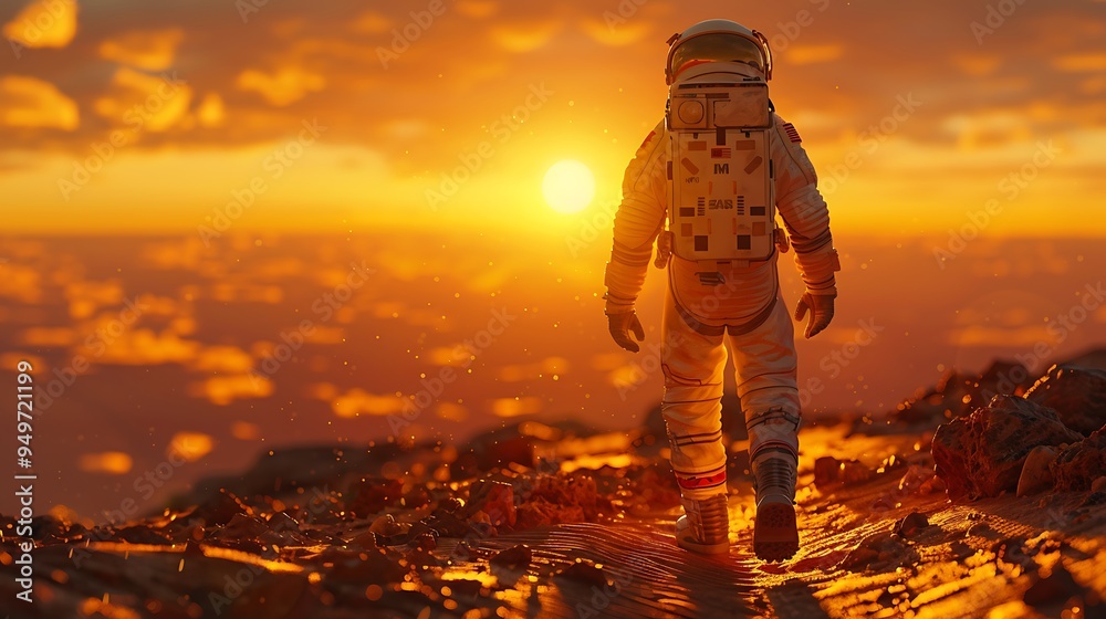 An astronaut standing still after leaving the first footprint on an ...