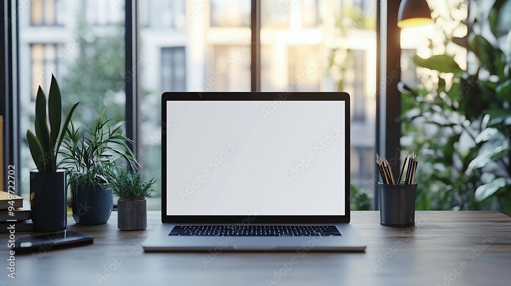 Laptop device mock up template design on office workplace desk white ...