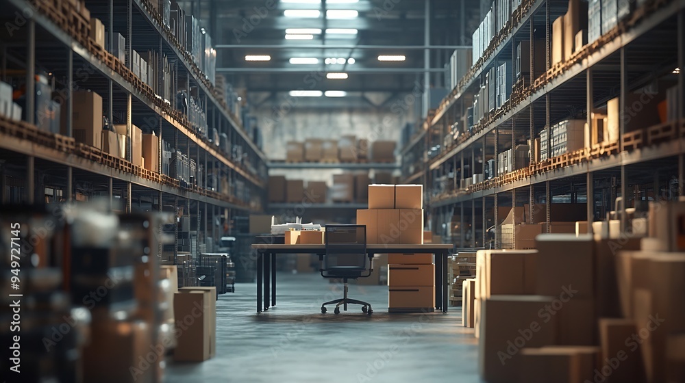 Interior of empty work space with office desk in warehouse with shelves ...