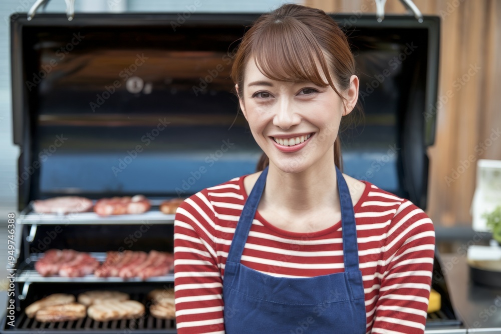 Happy grill master. Smiling woman in a striped shirt and apron ...