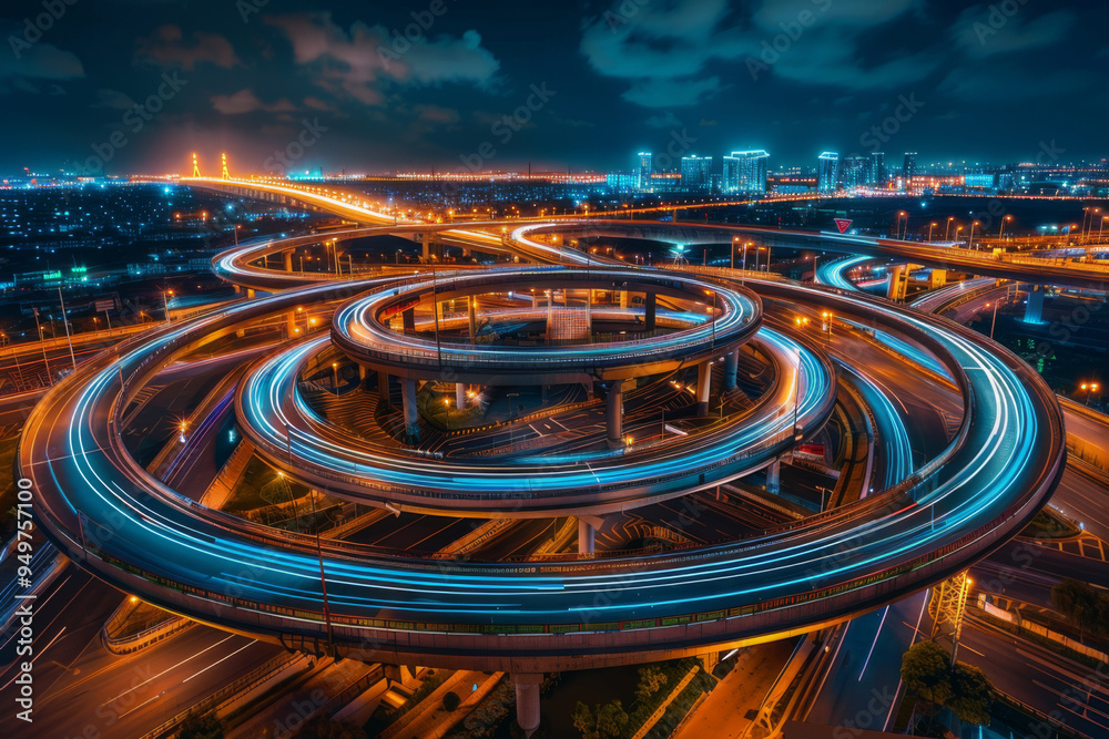 top view , night , roundabout interchange of a city, Expressway is an ...
