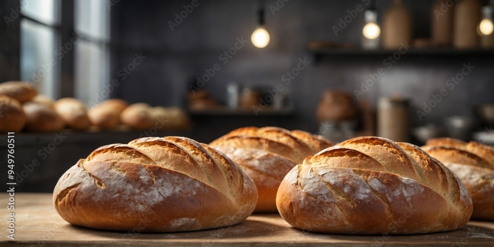 Loaves of bread in industrial bakery kitchen. Stock Photo | Adobe Stock