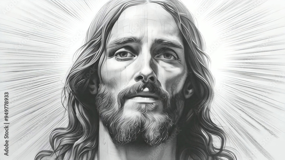 Jesus Christ face portrait in pencil sketch style with radiant light ...