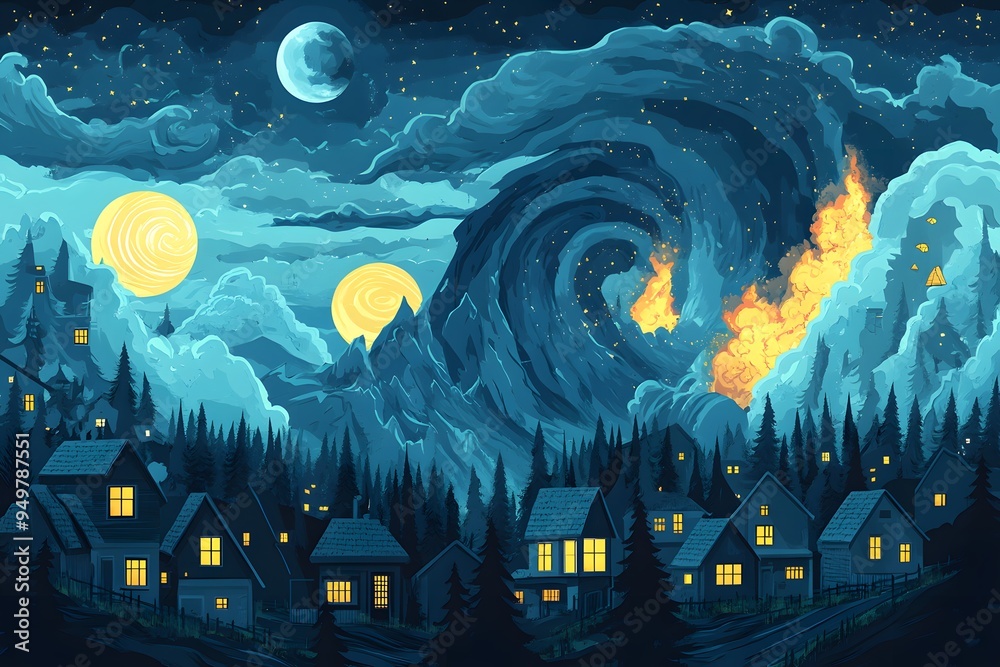 Vector illustration of disasters, Tsunamis, forest fires, volcanic ...