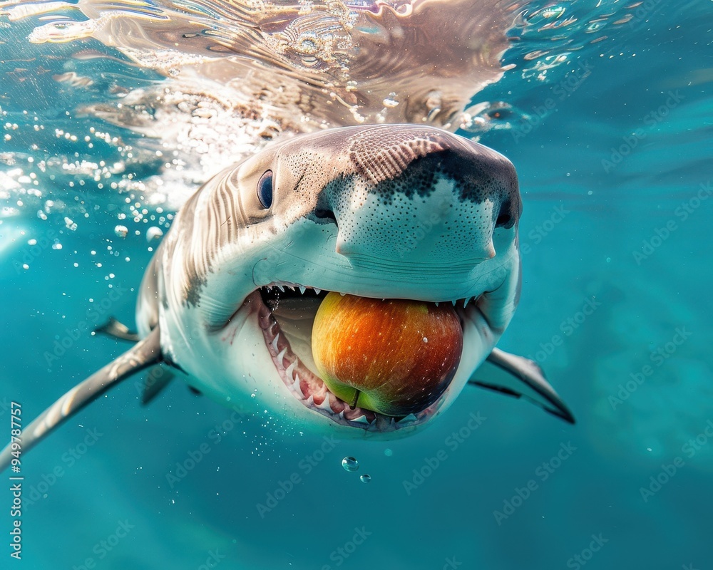 Shark with Apple: A great white shark with a surprising snack in its ...