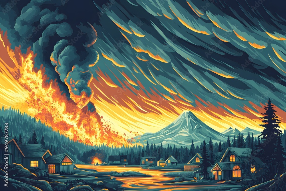 Vector illustration of disasters, Tsunamis, forest fires, volcanic ...